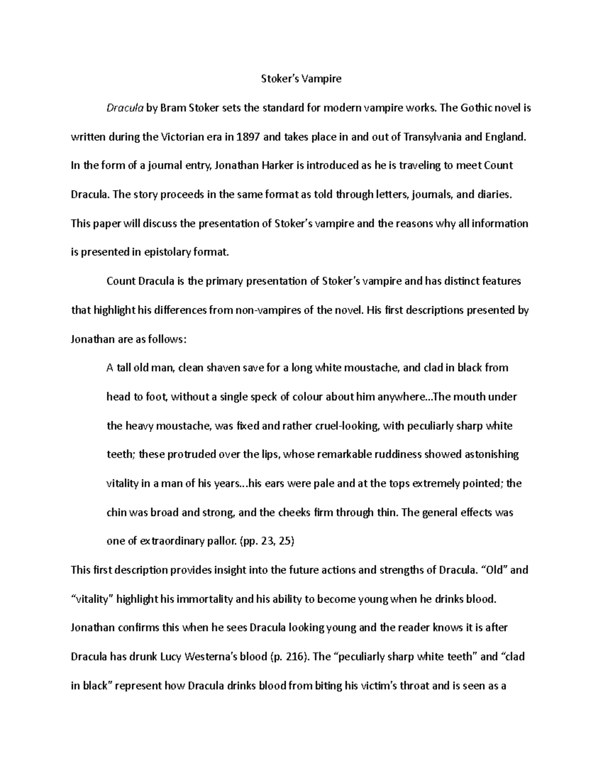 Week 1 and 2 Dracula Paper - Stoker’s Vampire Dracula by Bram Stoker ...