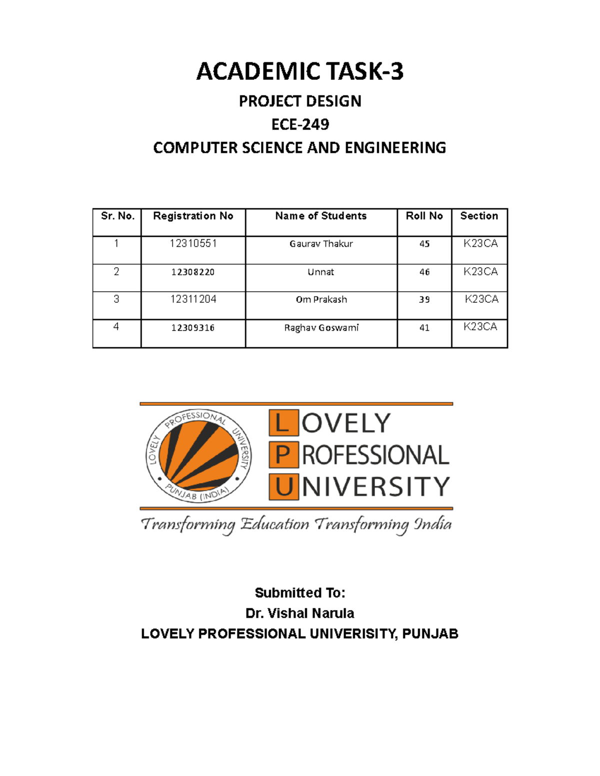ECE249 - ACADEMIC TASK- 3 PROJECT DESIGN ECE- 249 COMPUTER SCIENCE AND ENGINEERING Submitted To ...