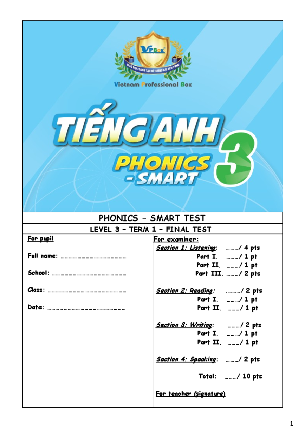 Phonics smart 3 final test term i - PHONICS - SMART TEST LEVEL 3 – TERM ...
