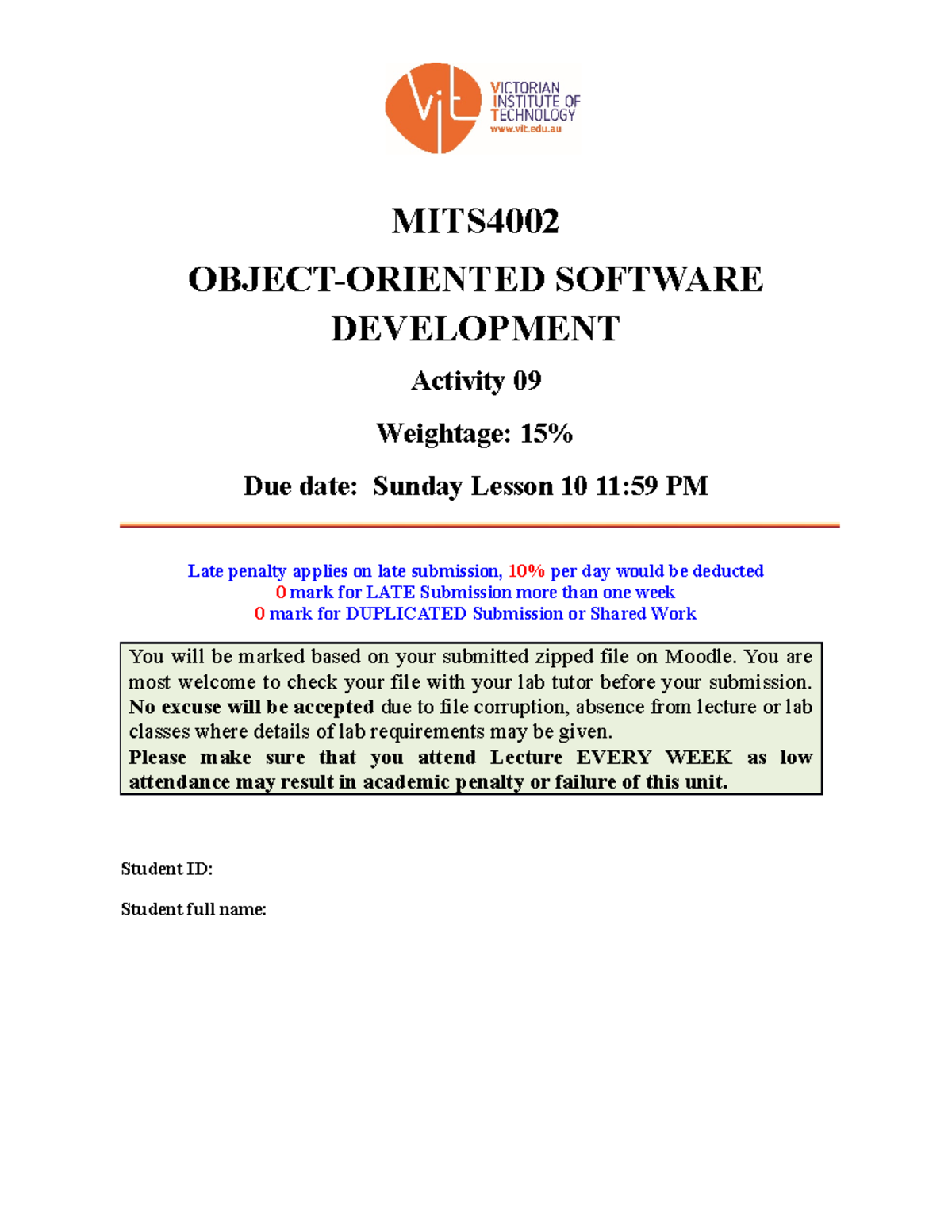 Mits4002 Activity 09 Java Program Mits Object Oriented Software Development Activity 09