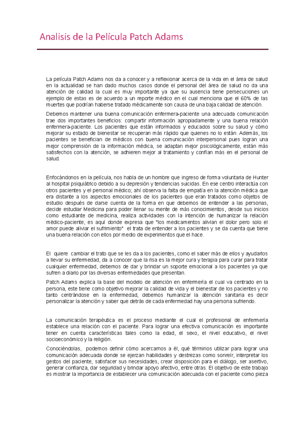 Analisis - Análisis de pelicula - Analisis de la Película Patch Adams La película Patch Adams ...