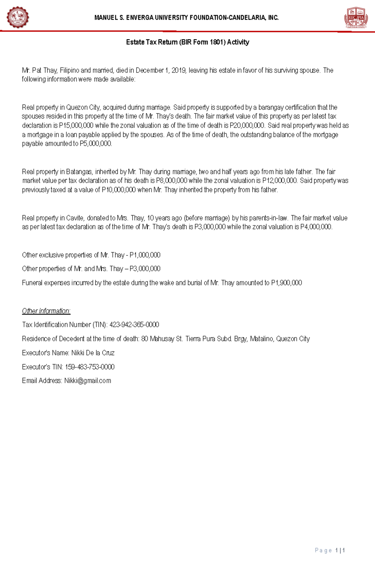 Estate TAX Return BIR Form 1801 Activity - MANUEL S. ENVERGA UNIVERSITY ...