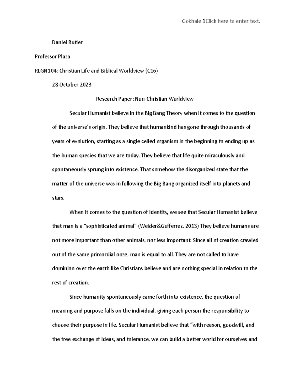 102823 Non Christian Worldview - Gokhale 1 Click here to enter text ...