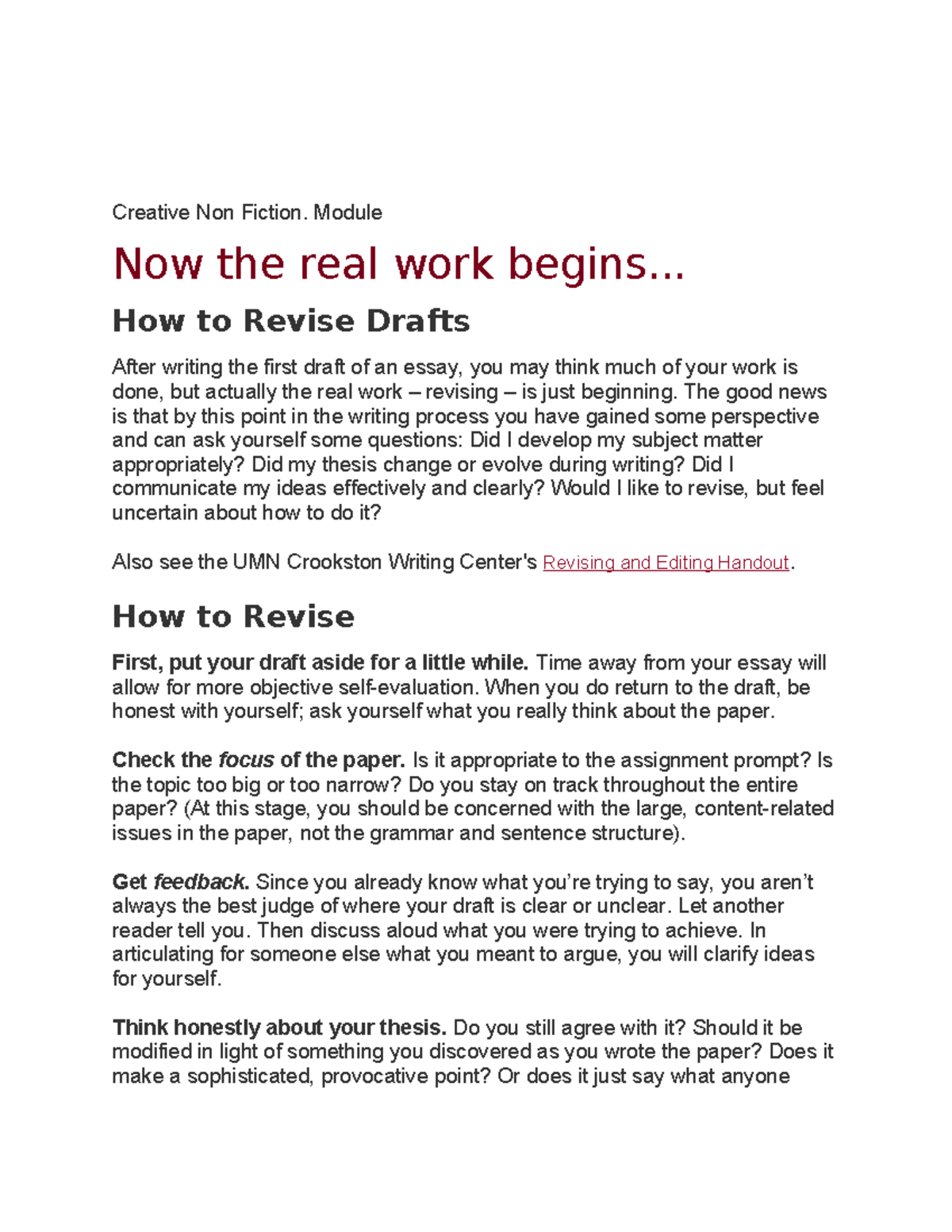 Creative writing - Creative Non Fiction. Module Now the real work ...