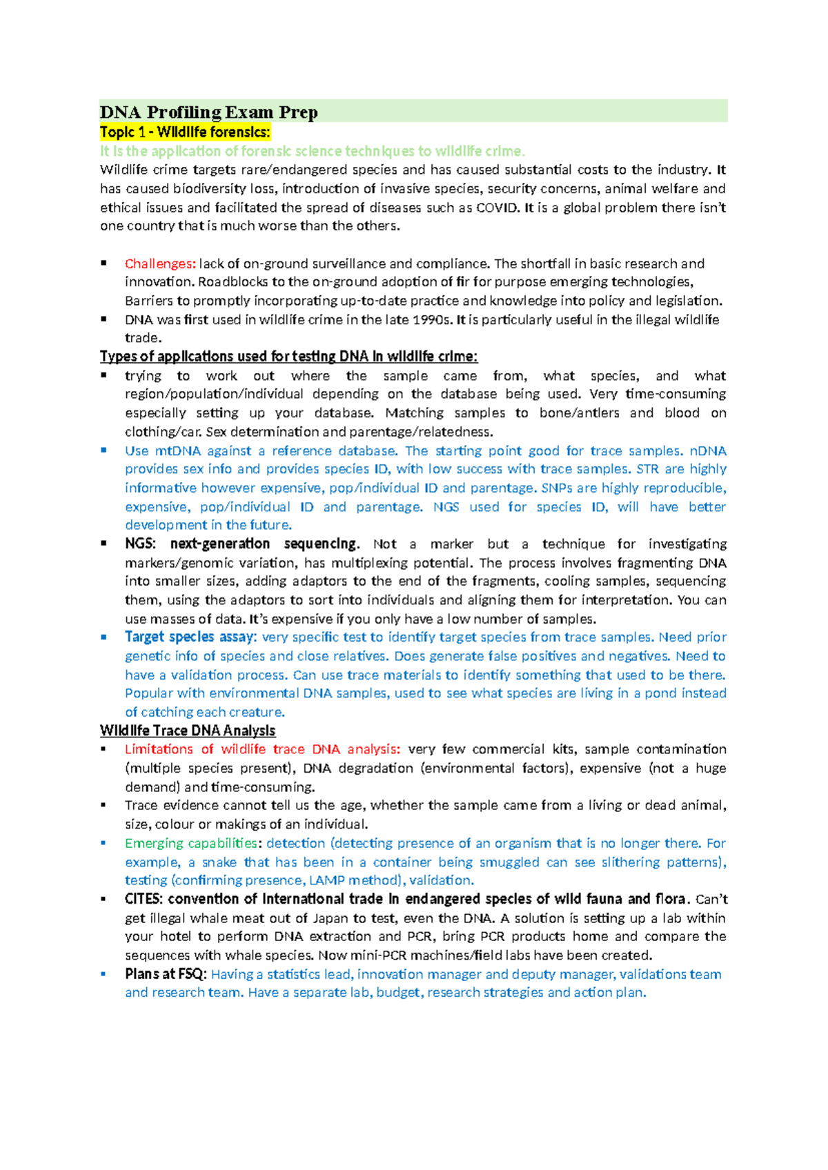 DNA Profiling Exam Prep - DNA Profiling Exam Prep Topic 1 - Wildlife forensics: It is the - Studocu