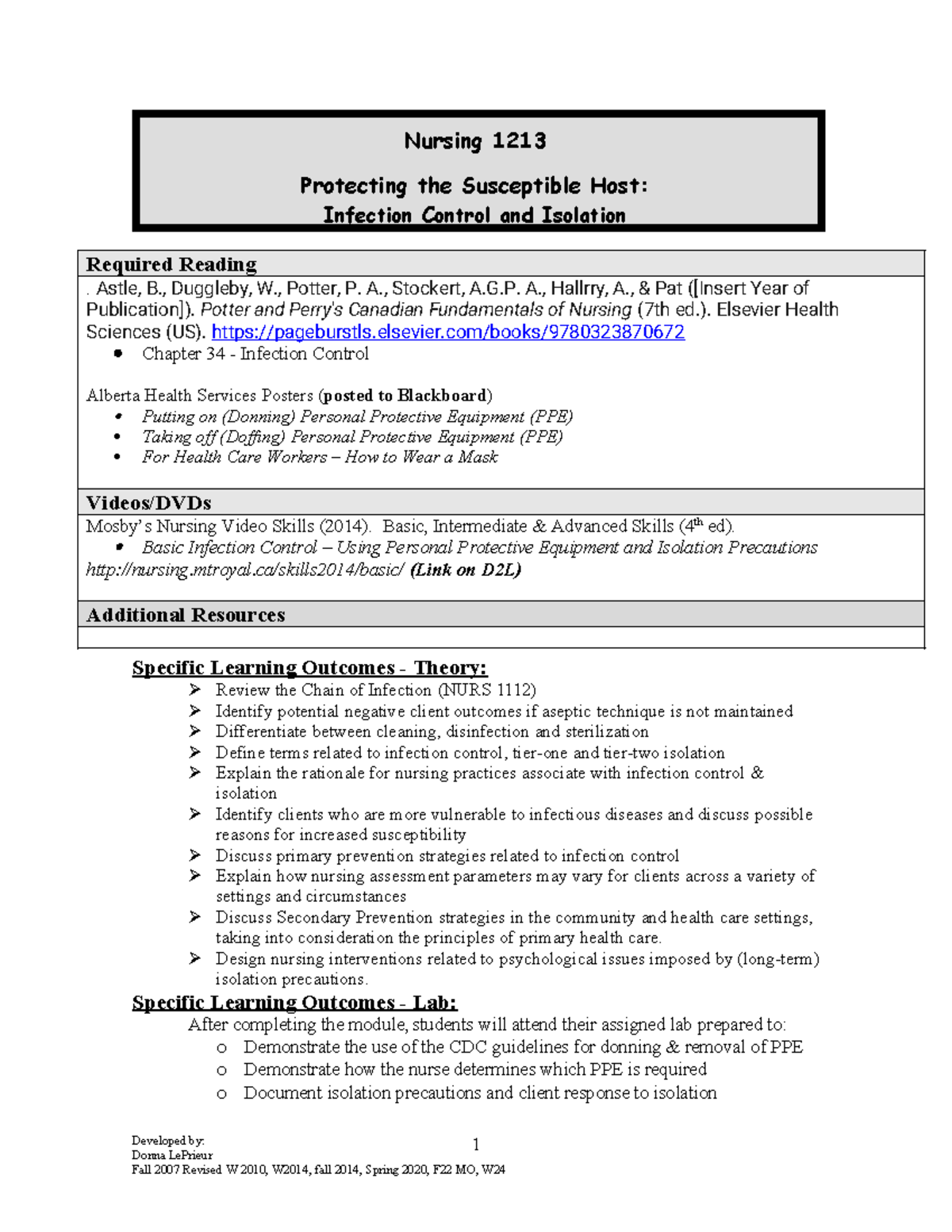 N1213 Infection Control Module Student W24 - Required Reading . Astle ...