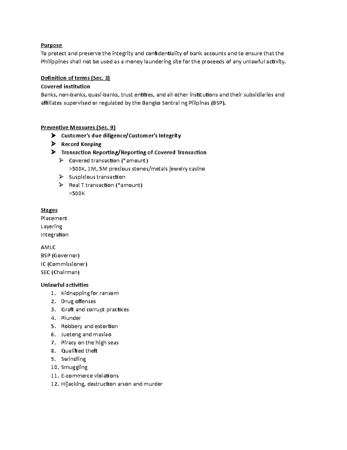 AMLA Anti money laundering law rfbt sample - Purpose To protect and ...