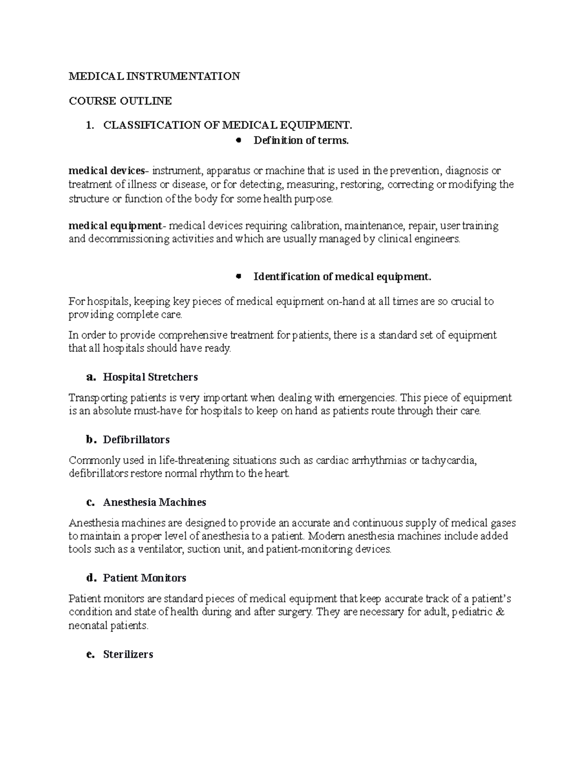 Medical Instrumentation Notes - MEDICAL INSTRUMENTATION COURSE OUTLINE ...