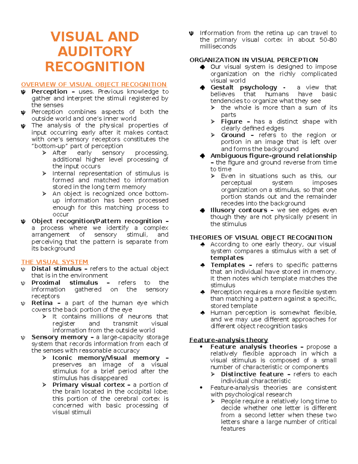 Cognitive Psychology CH2 Visual and Auditory recognition - VISUAL AND AUDITORY RECOGNITION ...
