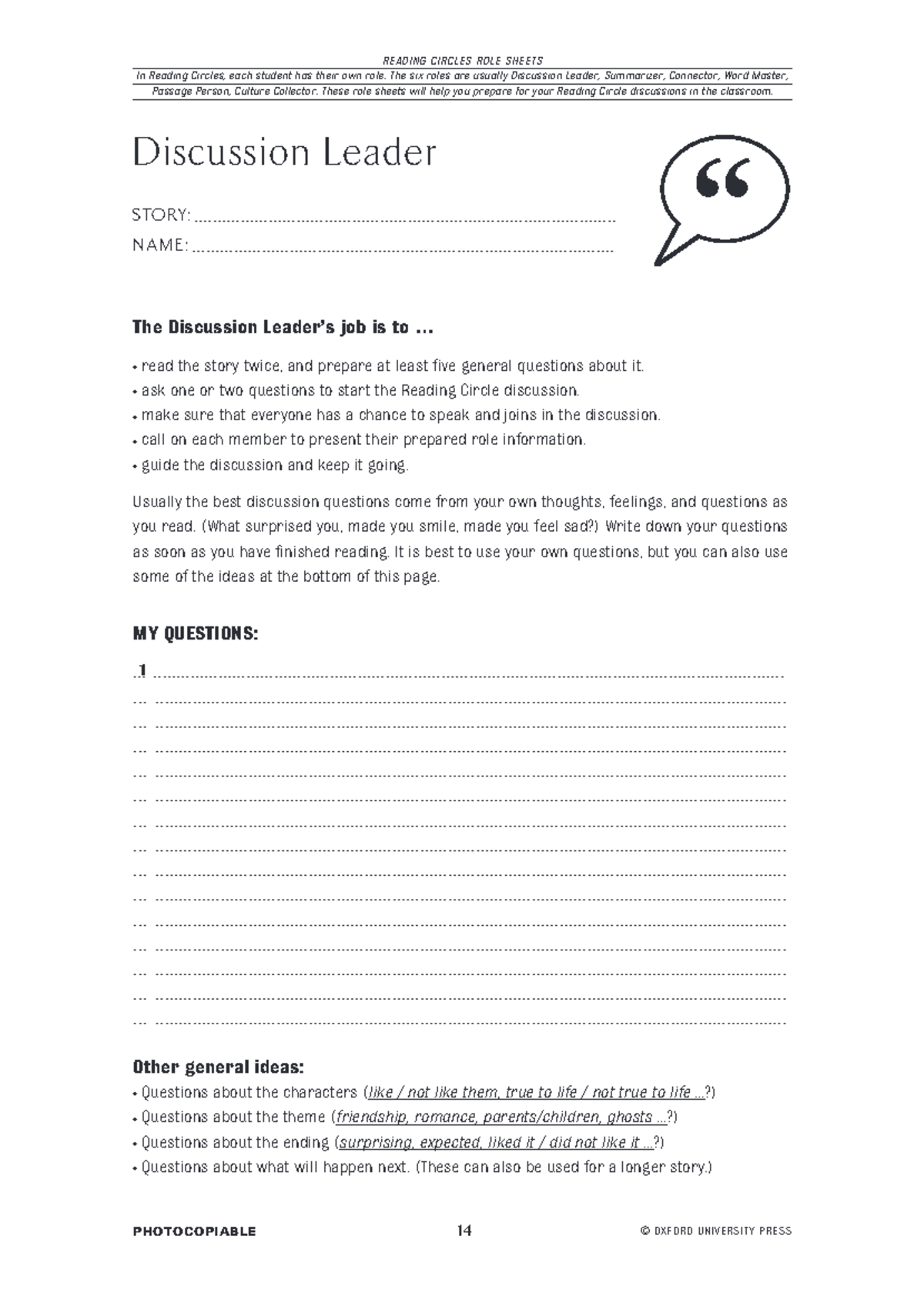 Reading Circles - role descriptions - adapted - ####### 14 In Reading ...