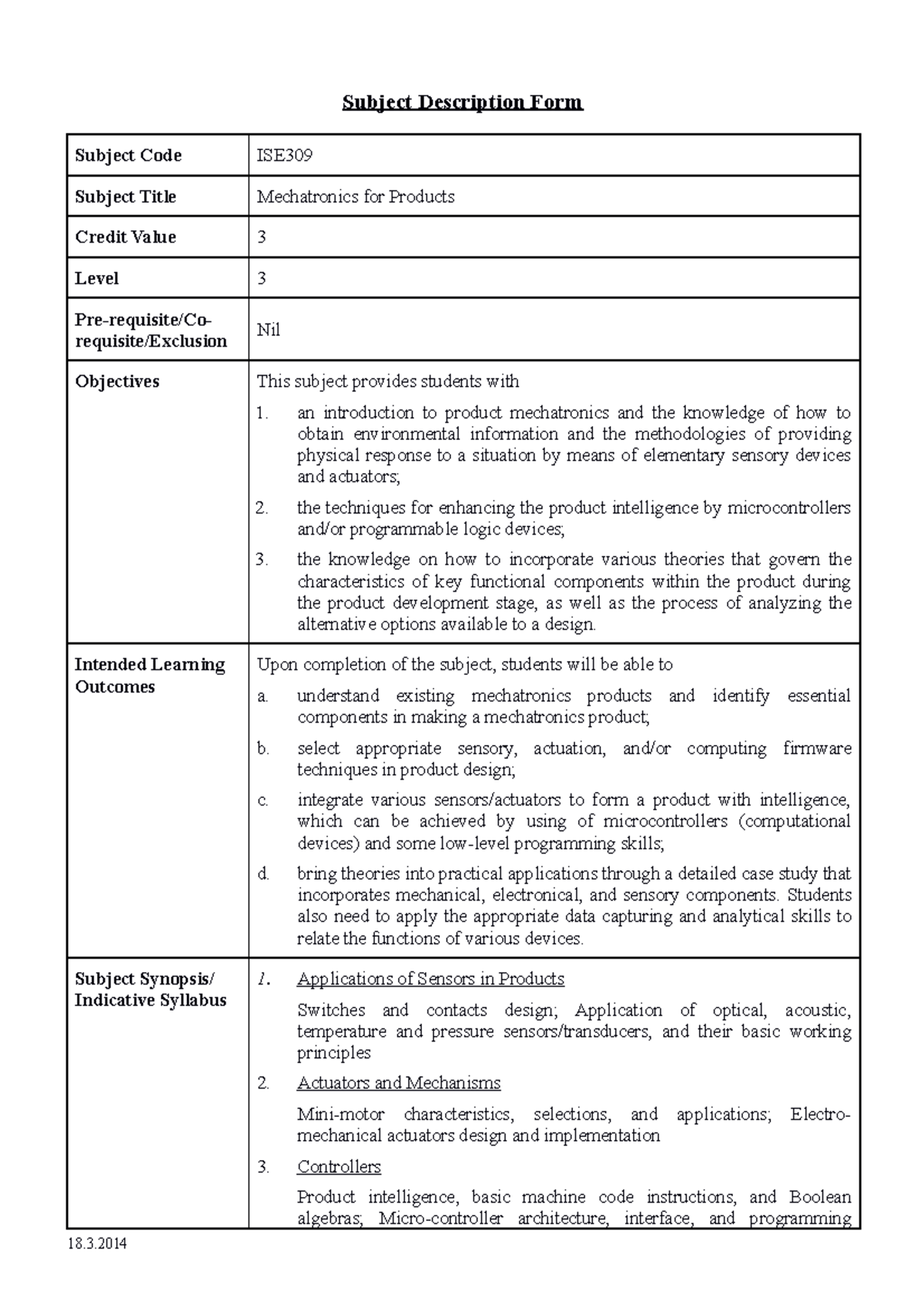 ISE309 - other - Subject Description Form Subject Code ISE Subject ...