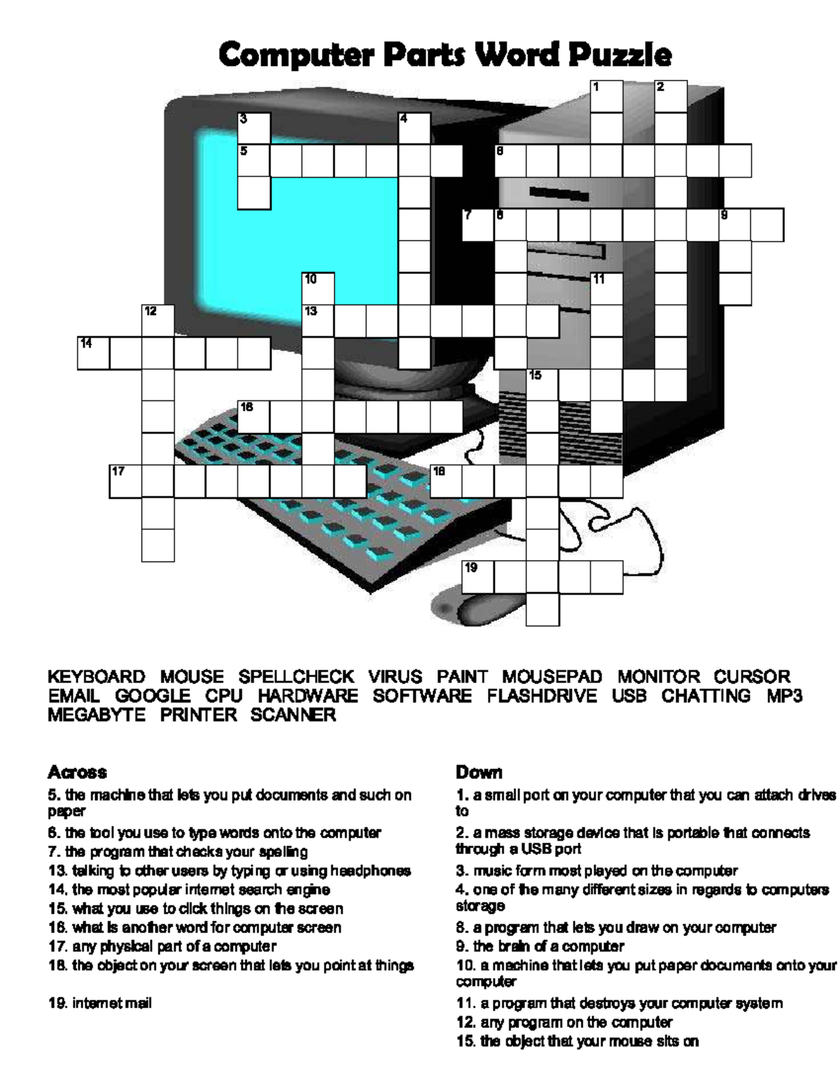 Computer Parts - Students - Computer Parts Word Puzzle 1 2 3 4 5 6 7 8 ...