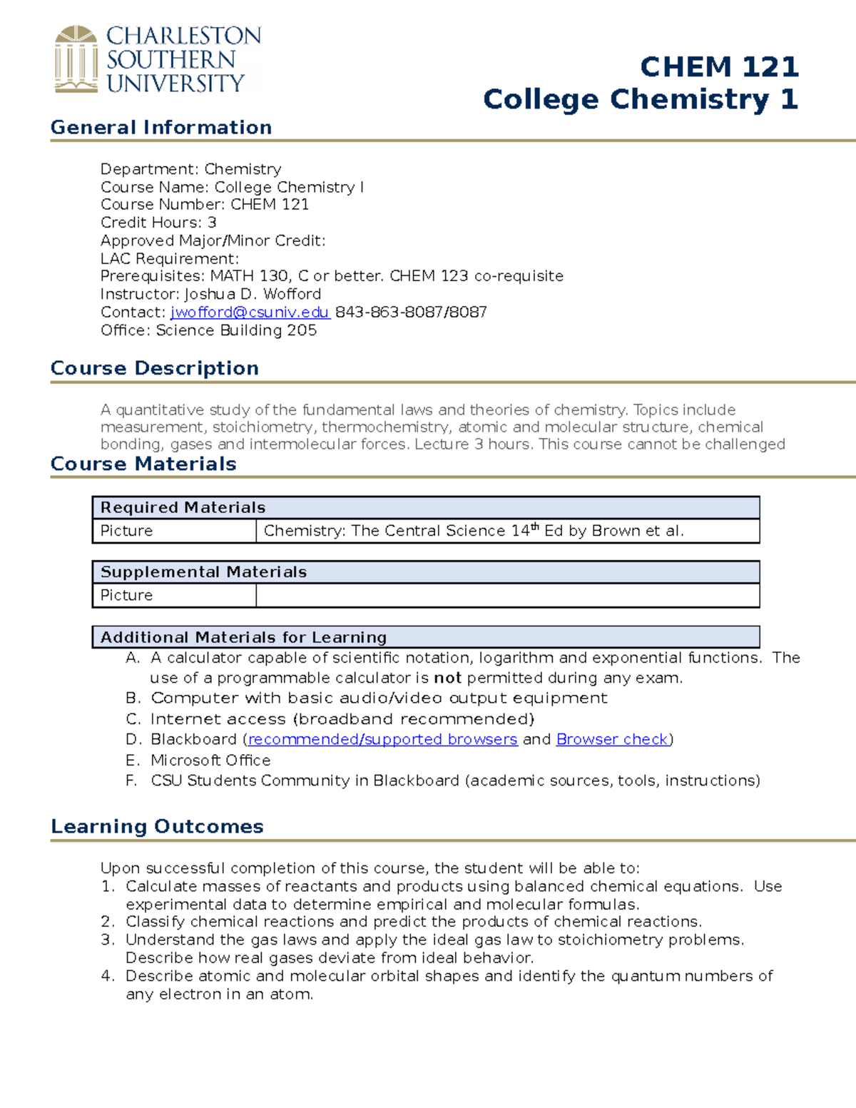 CHEM 121 College Chemistry 1 General Information - Studocu