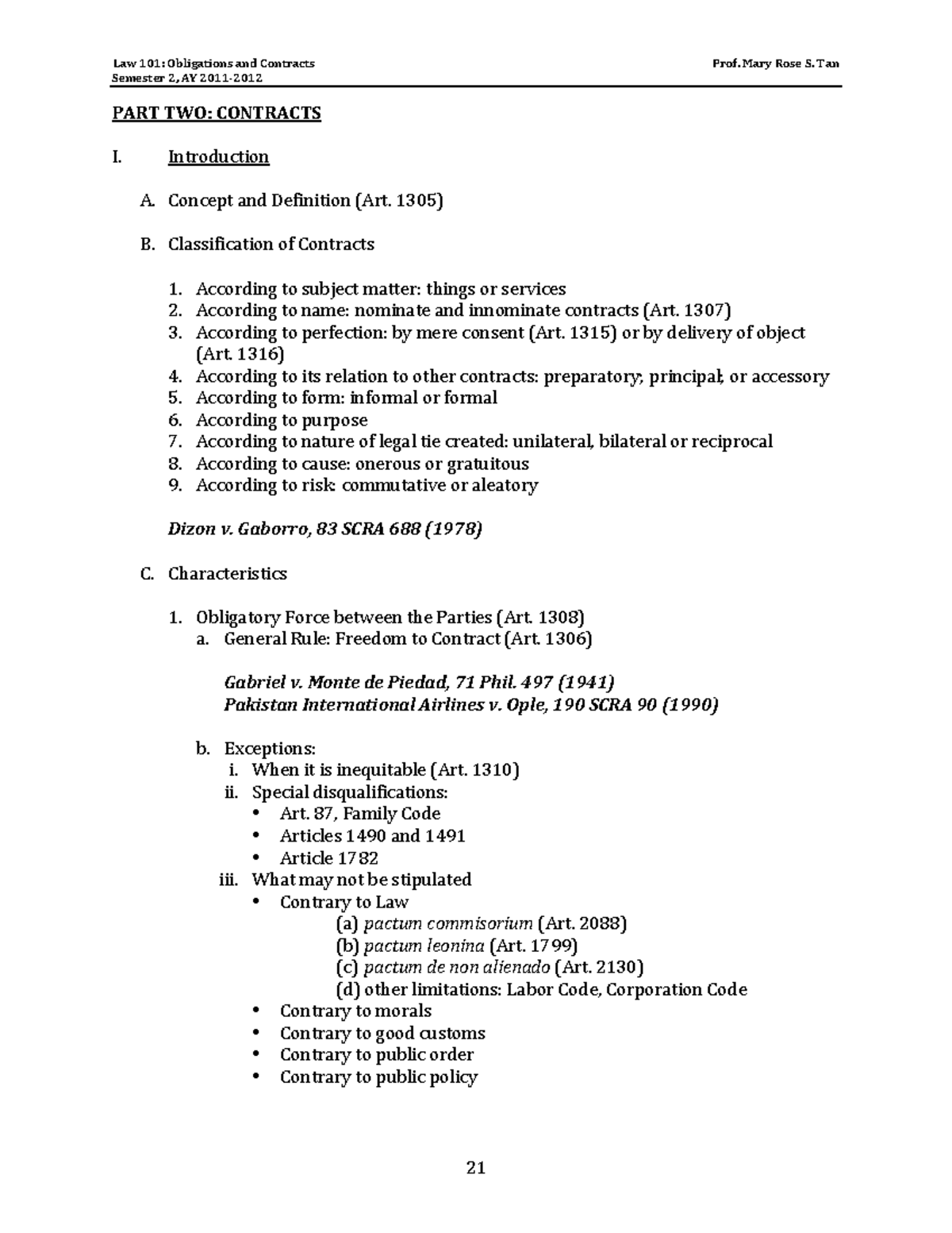 Law 101-Obligations and Contracts Course Outline [MRST]-Contracts p. 21 to 29 - Semester 2, AY ...