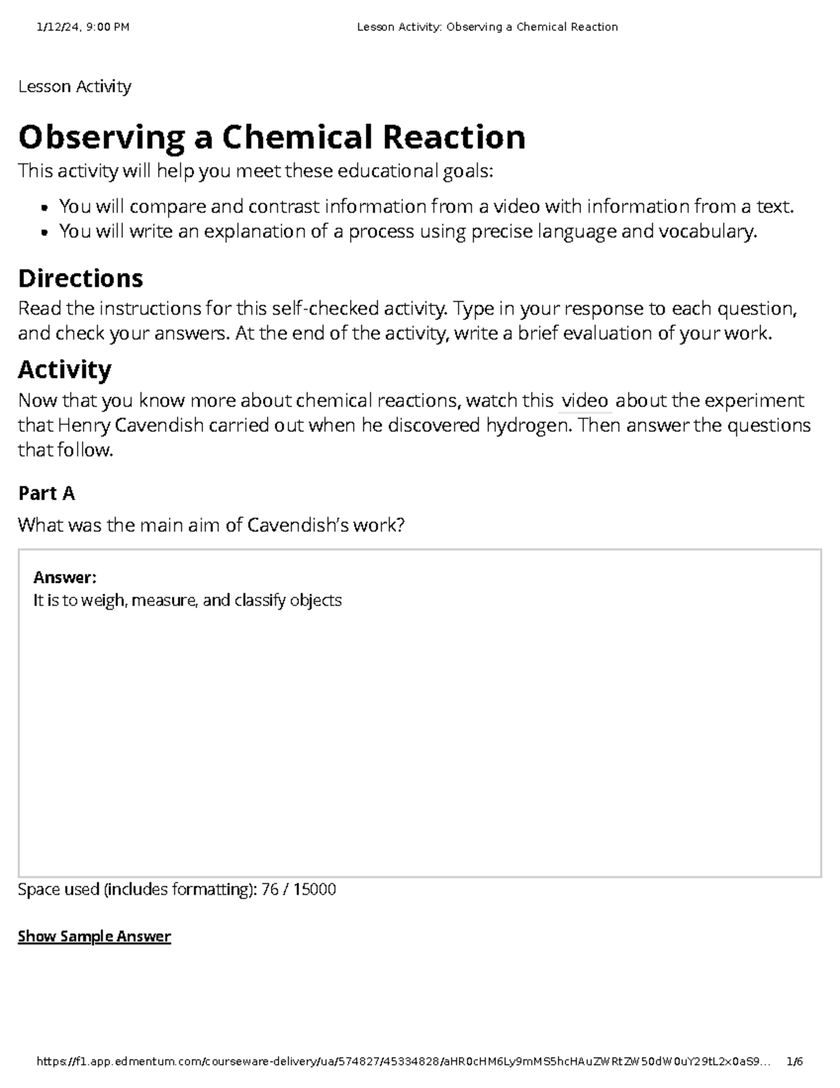 Properties and Chemical Reactions Tutorial - Lesson Activity Observing ...