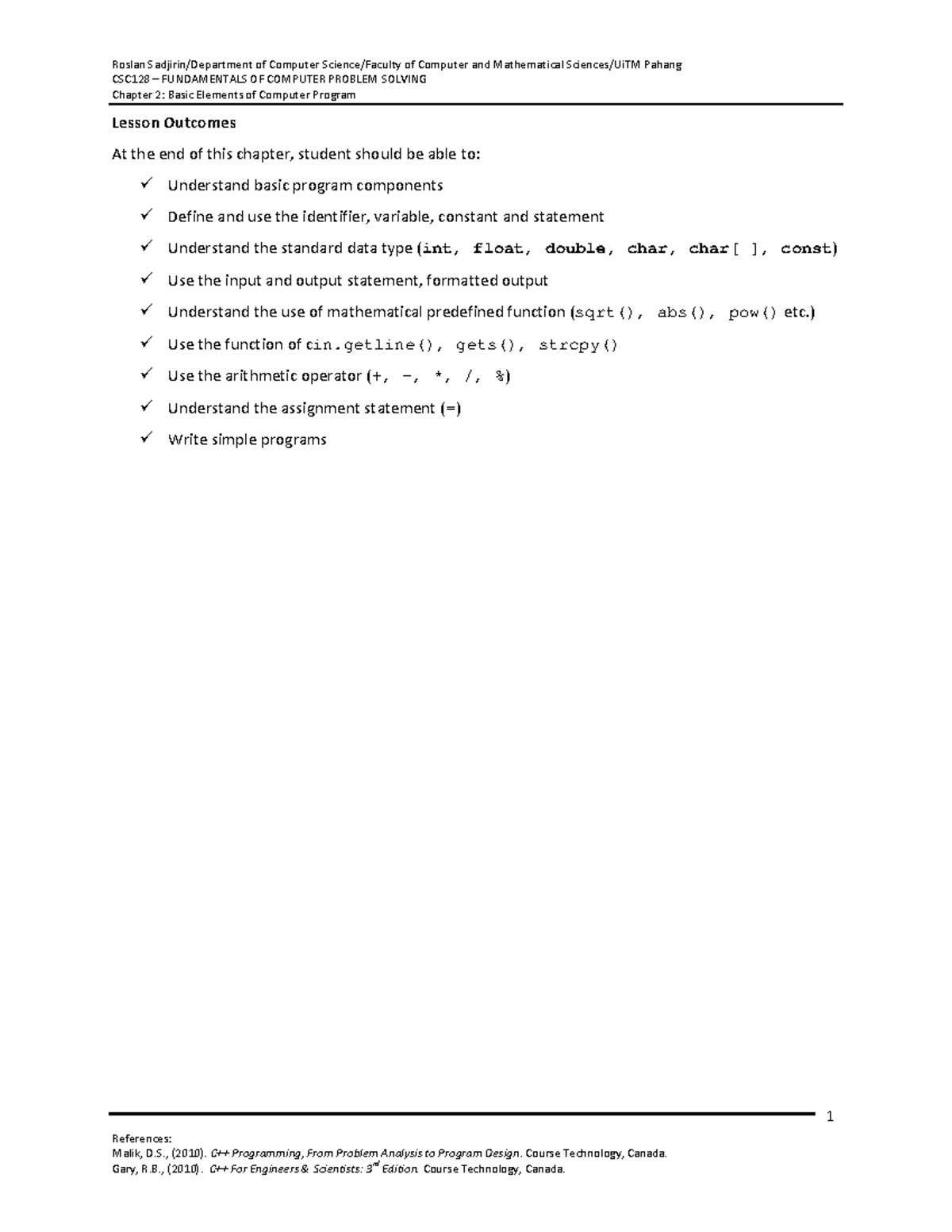 CSC128Topic 2 - Topic 2 - Chapter 2: Basic Elements of Computer Program ...