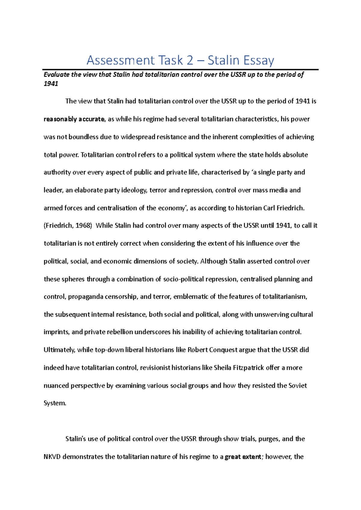 Assessment Task 2 - Stalin Essay - Assessment Task 2 – Stalin Essay ...