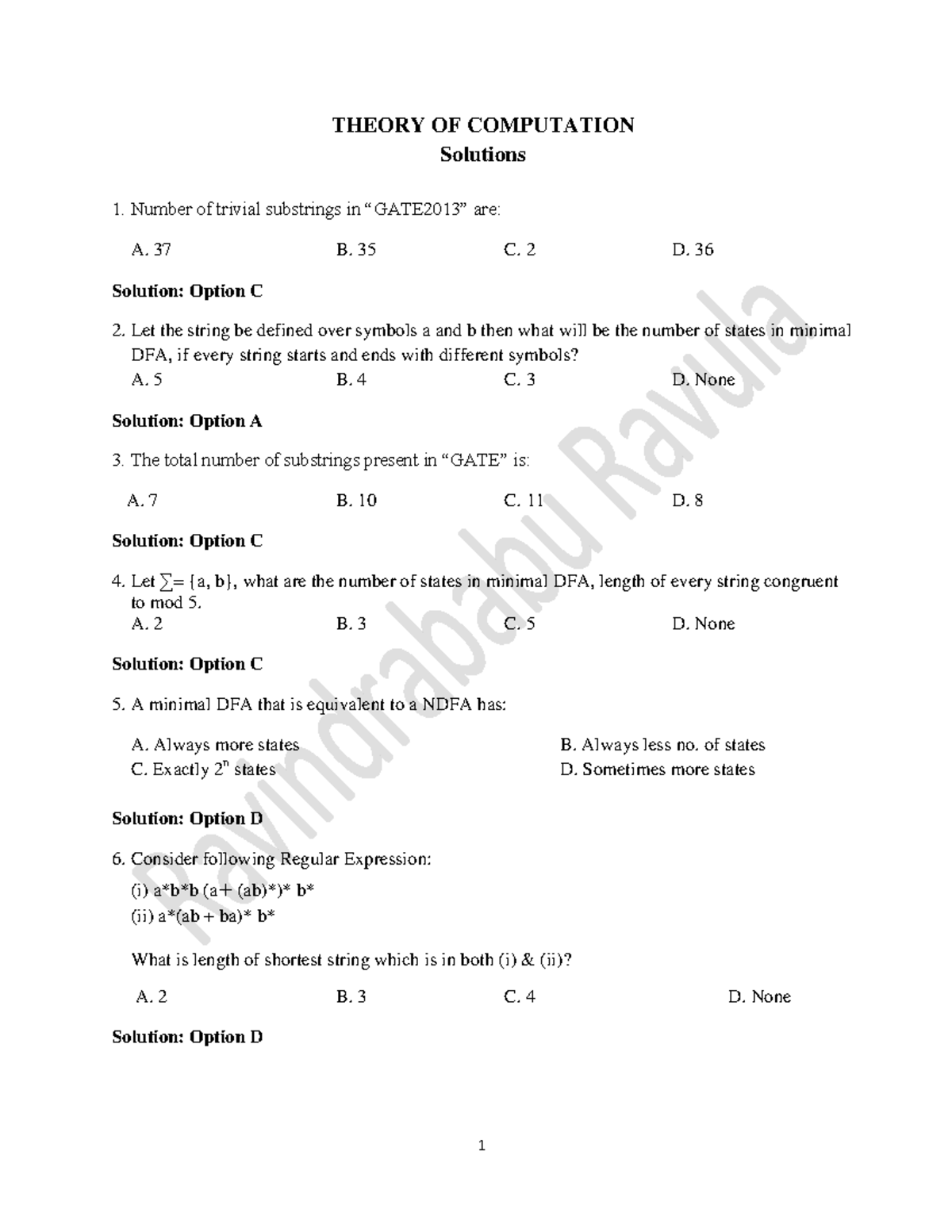 2 - cse322 - THEORY OF COMPUTATION Solutions Number of trivial substrings in