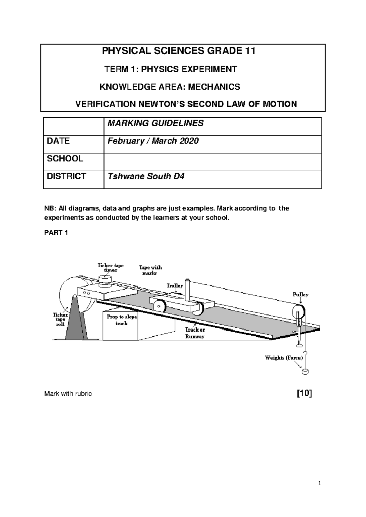 Newton Second LAW MEMO 2020 - PHYSICAL SCIENCES GRADE 11 TERM 1 ...