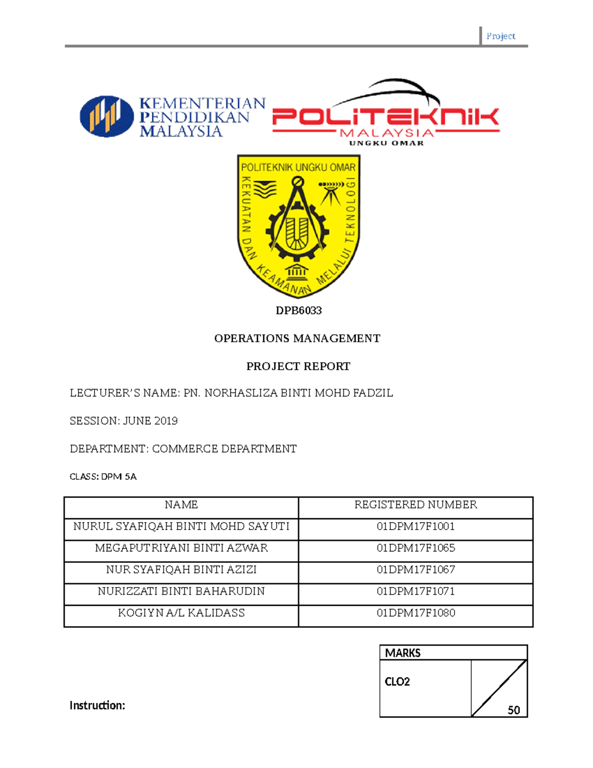 Project Operation management - DPB OPERATIONS MANAGEMENT PROJECT REPORT ...
