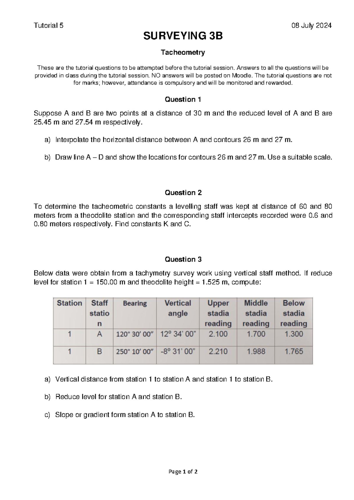 Tutorial 5 (2024) - Tutorial 5 08 July 2024 Page 1 of 2 SURVEYING 3 B ...