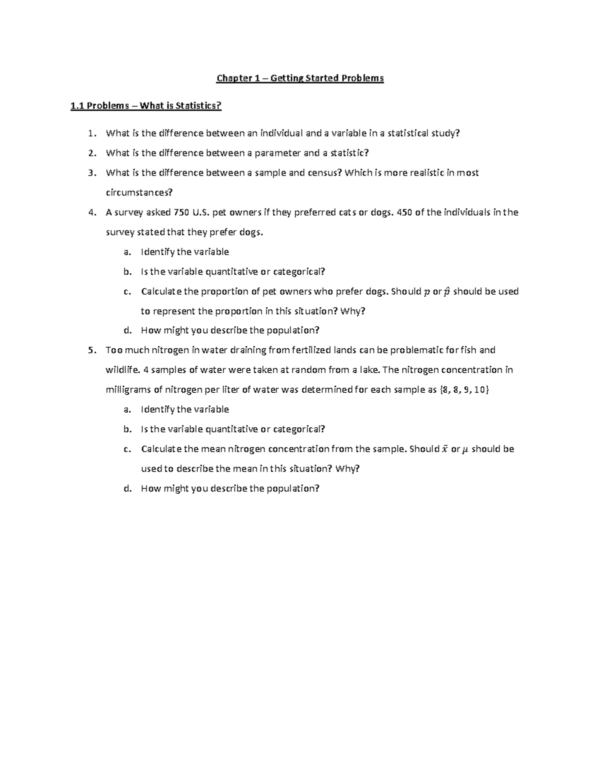 Fv23 Chapter 1 Homework Chapter 1 Getting Started Problems 1 Problems What Is Statistics