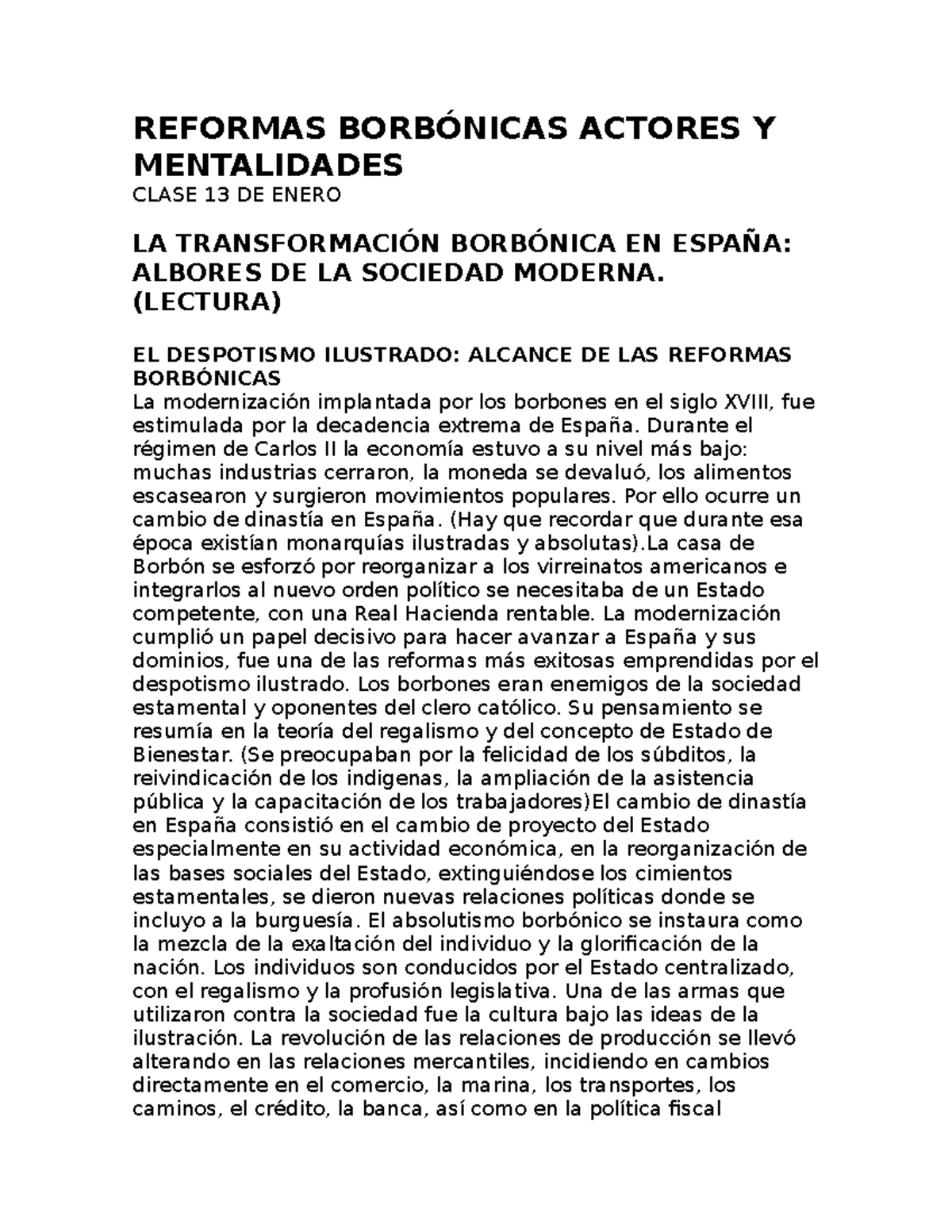 Historia de México 13 de enero - REFORMAS BORBÓNICAS ACTORES Y ...