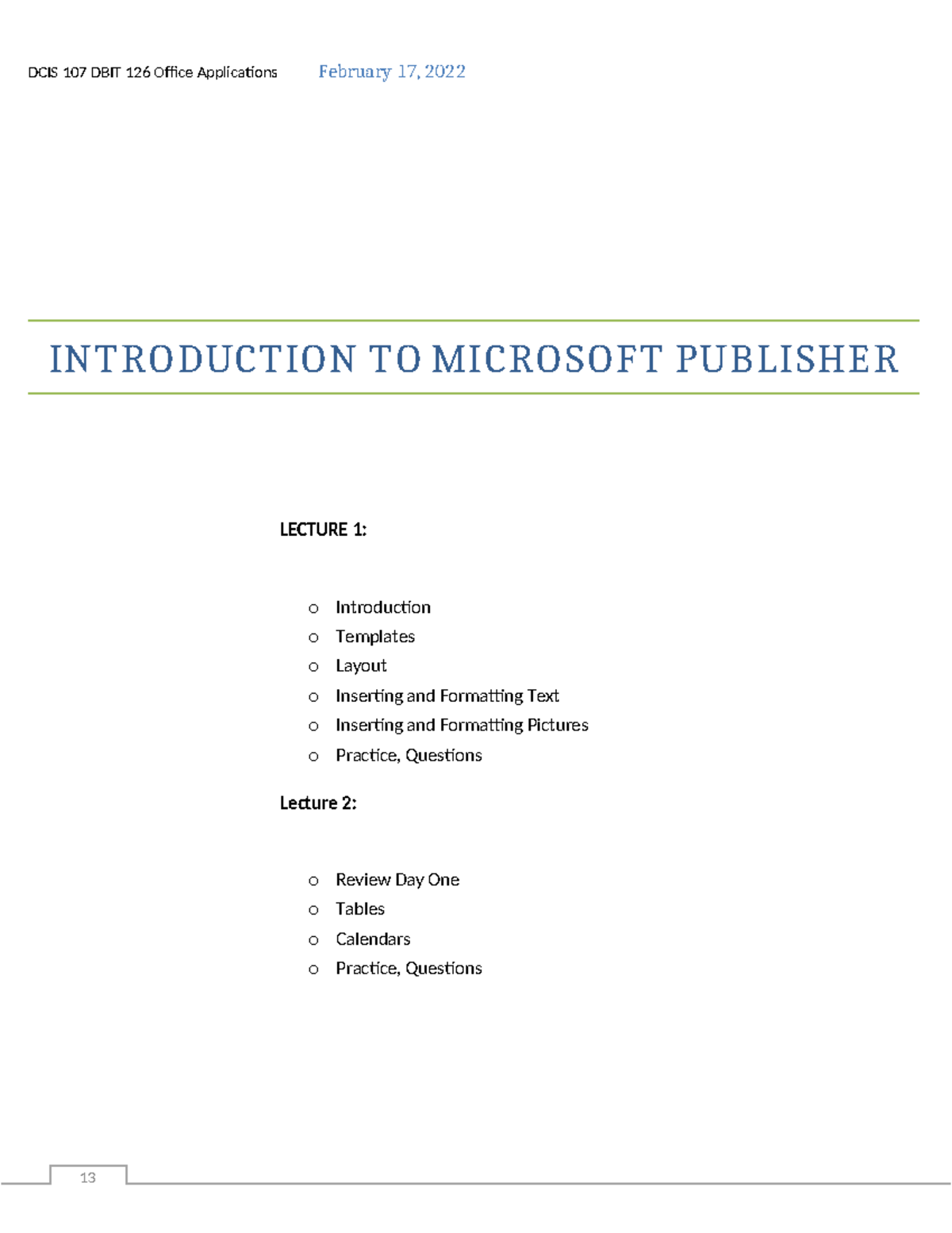 Lecture 6- Publisher 2010 Notes - INTRODUCTION TO MICROSOFT PUBLISHER ...
