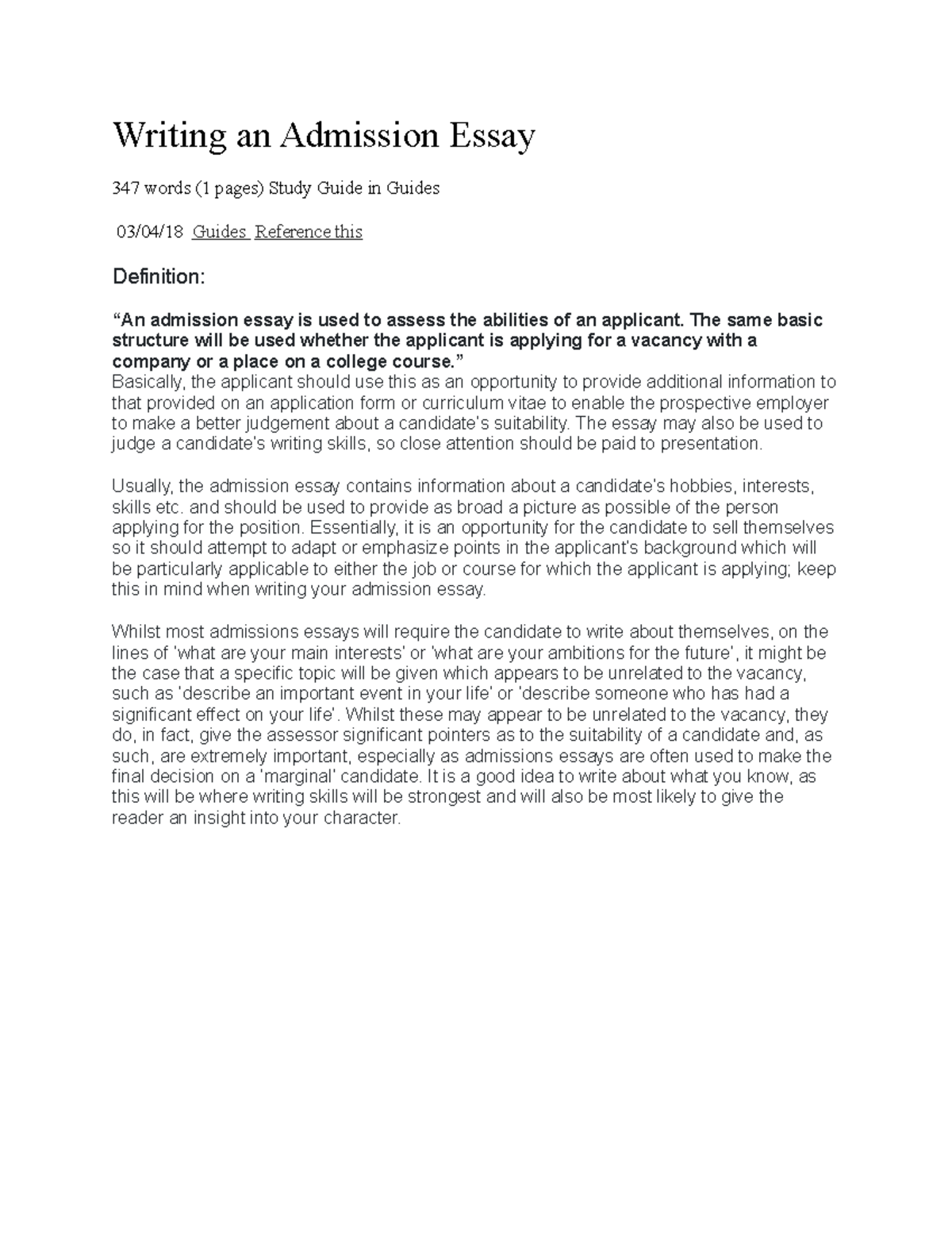 Essay writing 9 - ...... - Writing an Admission Essay 347 words (1 ...