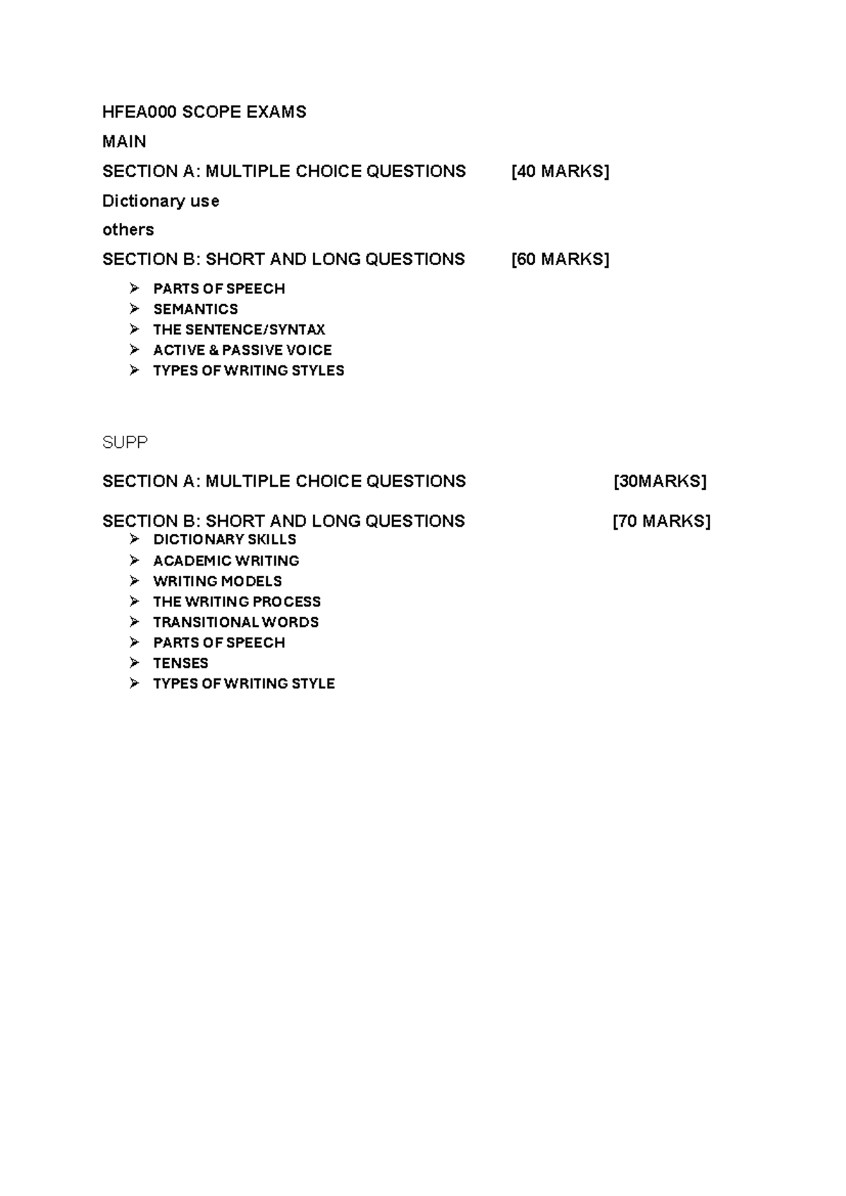 EXAM Structure - for preparation of final examination - HFEA000 SCOPE ...