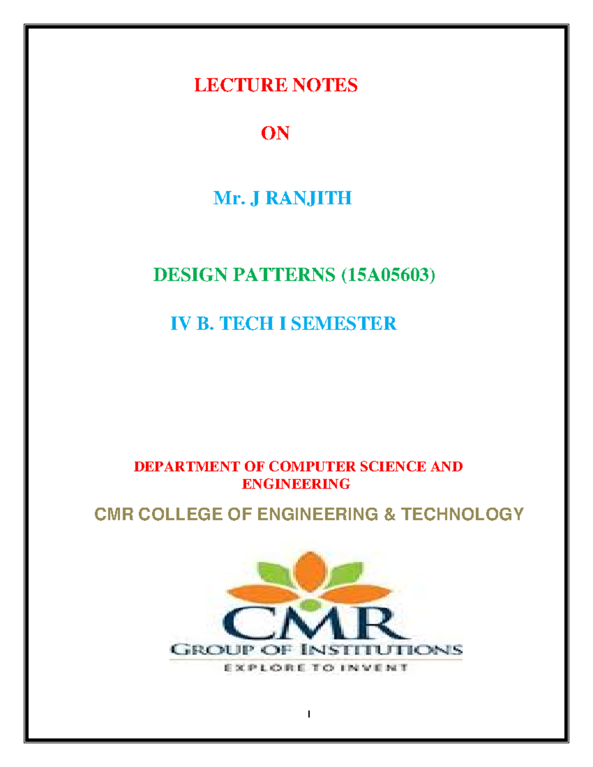 Design Pattern Notes - hjjjkk - LECTURE NOTES ON Mr. J RANJITH DESIGN ...