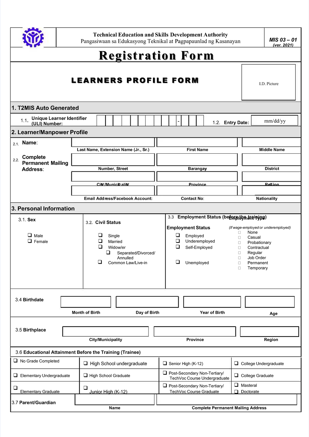 Pdf-new-tesda-registration-form-mis-03-01-v-2021 compress - Employment ...