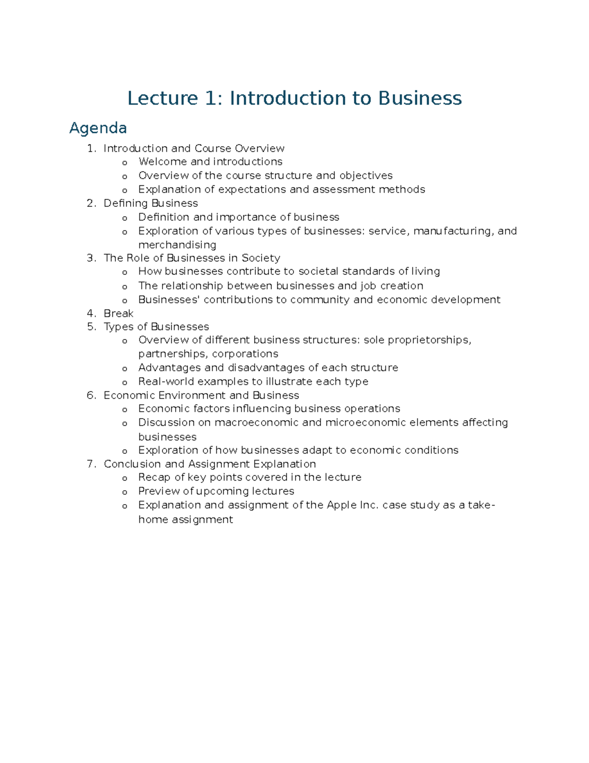 01-Lecture 1 - N/A - Lecture 1: Introduction to Business Agenda Introduction and Course Overview ...