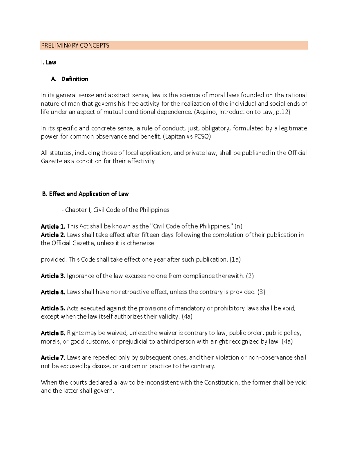 ITL - Syllabus - PRELIMINARY CONCEPTS I. Law A. Definition In its ...
