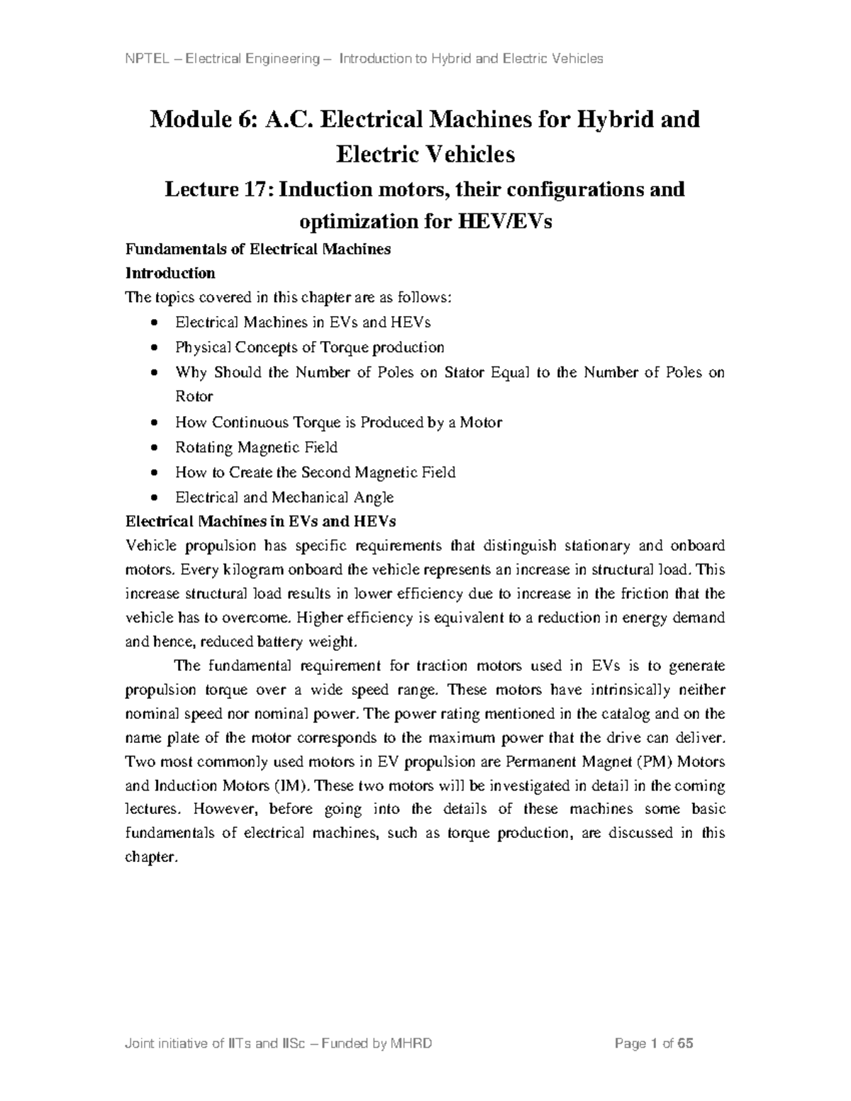 A.C. Electrical Machines for Hybrid and Electric Vehicles - Module 6: A ...