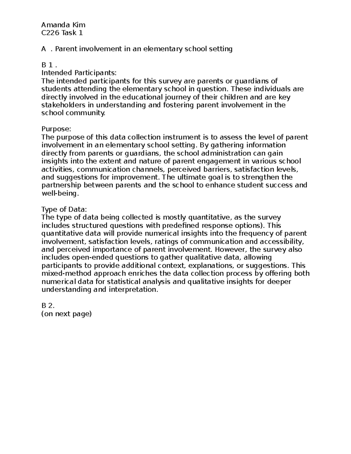 C226 task1 - task 1 - C226 Task 1 A. Parent involvement in an ...