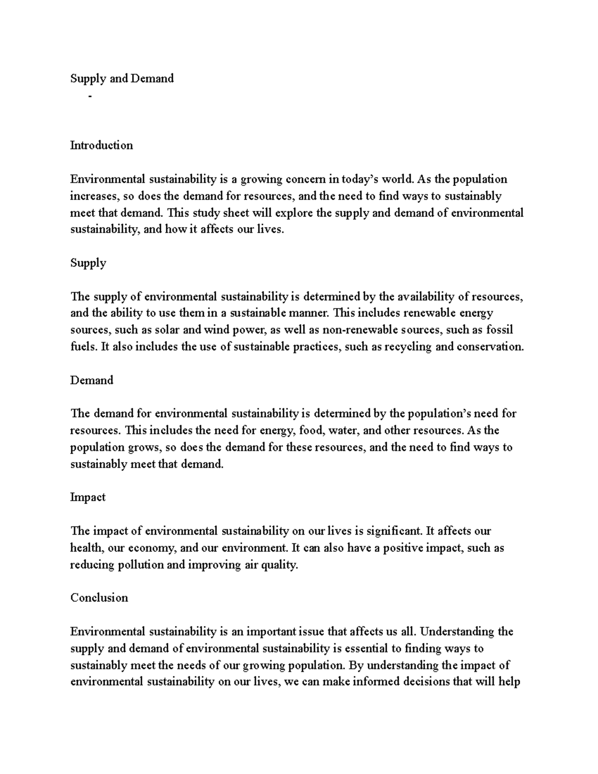 Supply and Demand evironmental sustainability - Supply and Demand ...