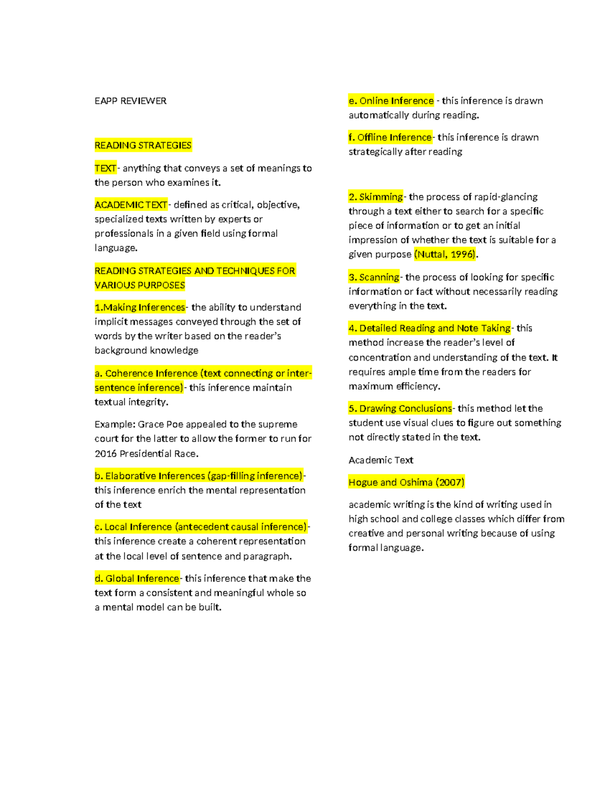 EAPP- Reviewer - easy to review - EAPP REVIEWER READING STRATEGIES TEXT ...