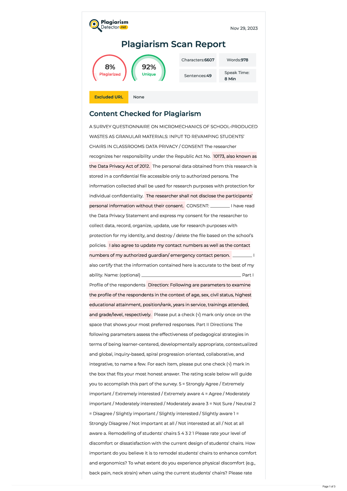 Plag Check SQ - ujg - Nov 29, 2023 Plagiarism Scan Report Excluded URL ...