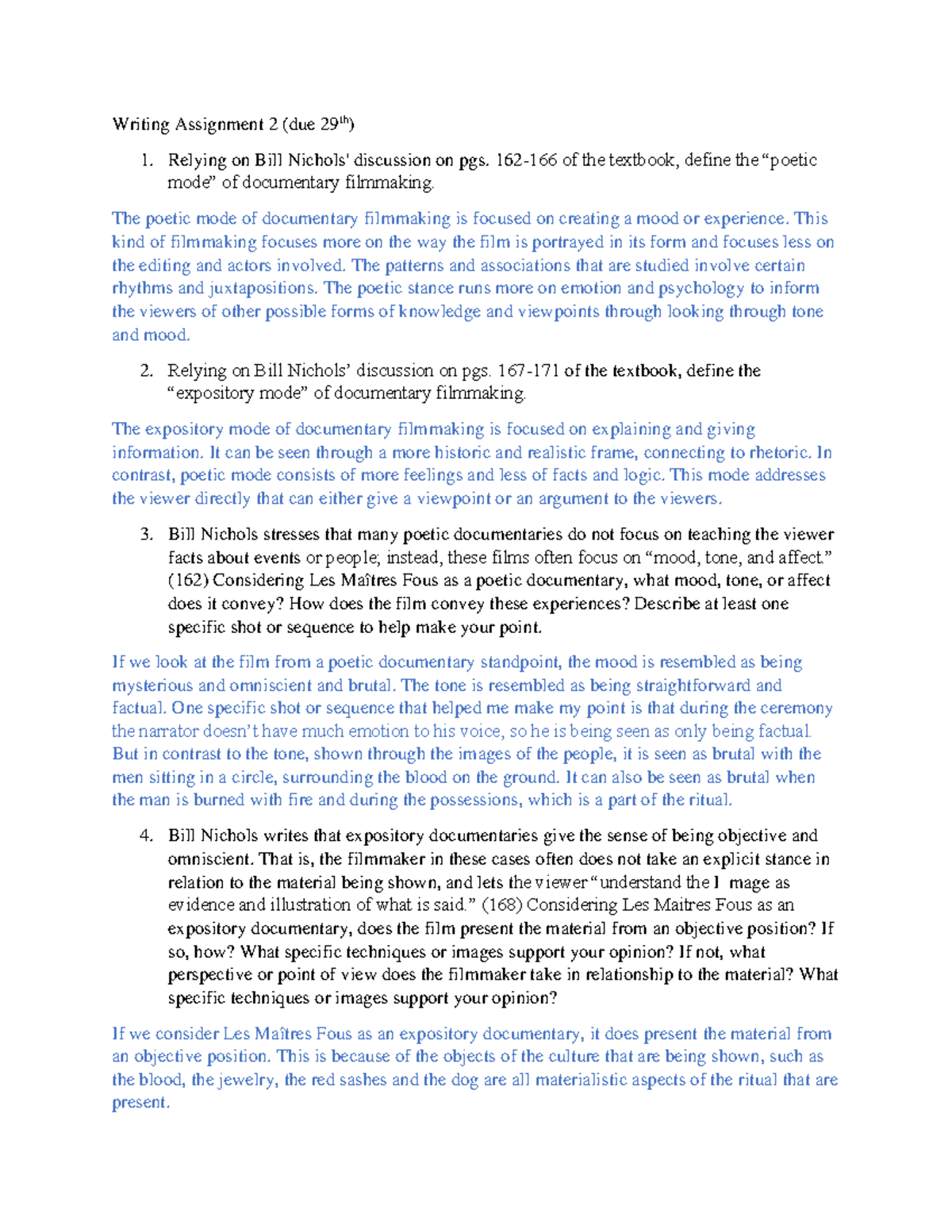 Film Module 2 - Writing Assignment 2 (due 29th) Relying on Bill Nichols ...