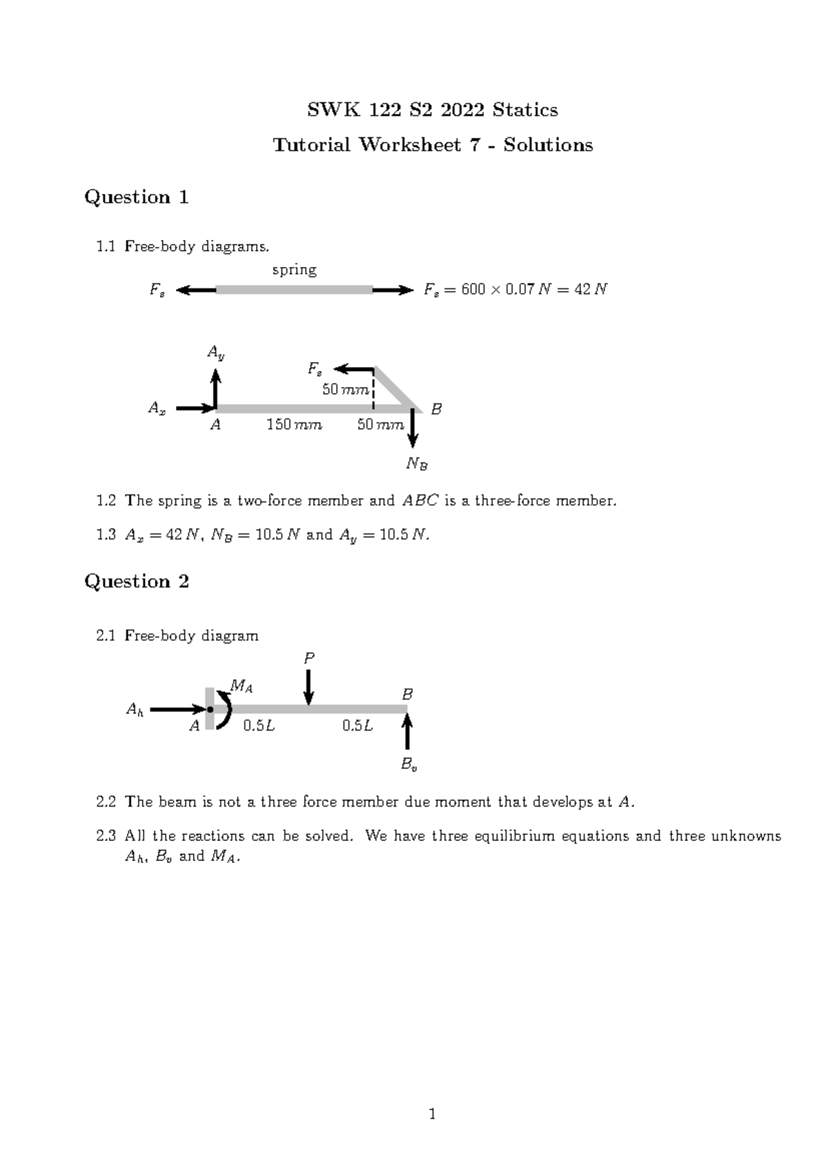 22TUT07 solutions - TUT - SWK 122 S2 2022 Statics Tutorial Worksheet 7 ...