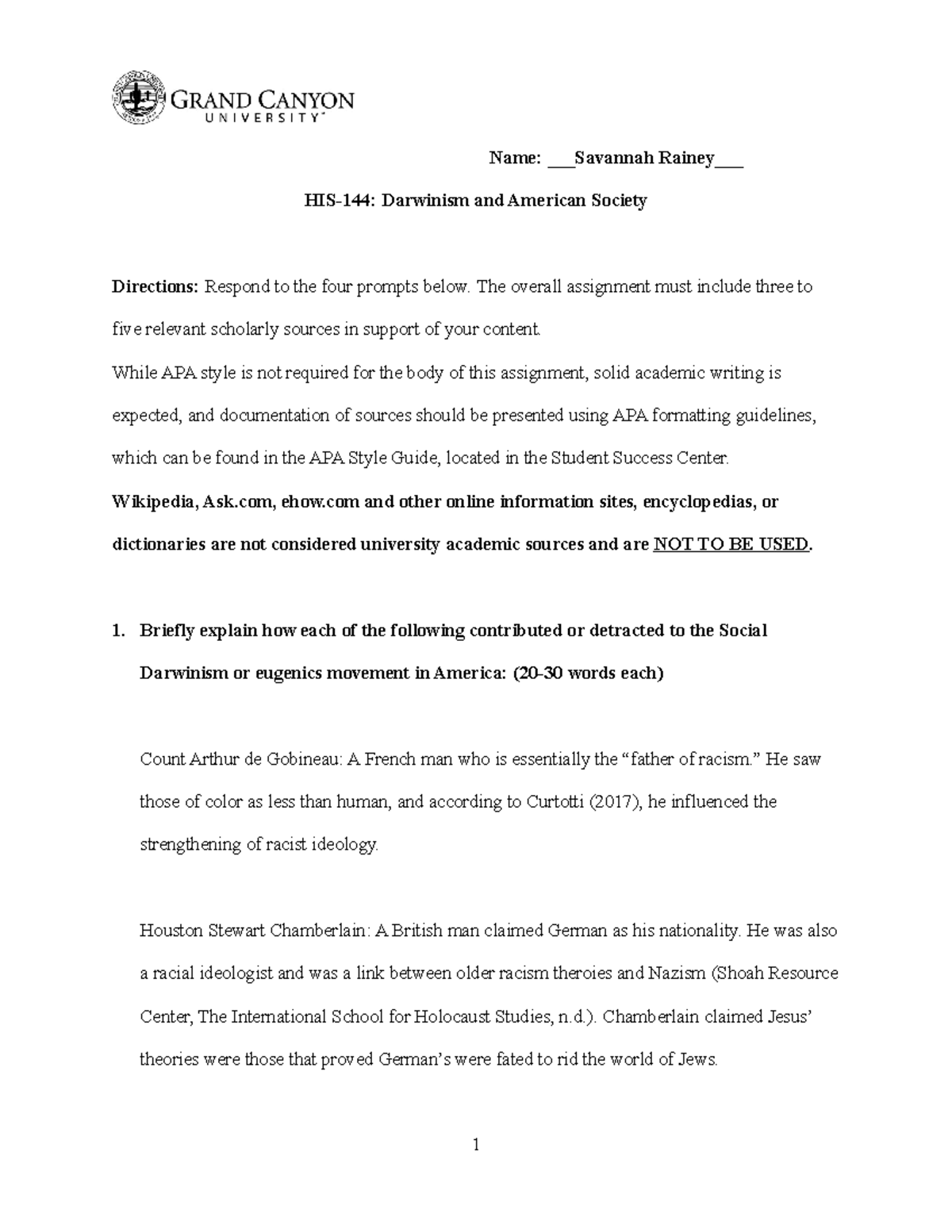 Darwinism and American Society Worksheet - Name: Savannah Rainey HIS ...