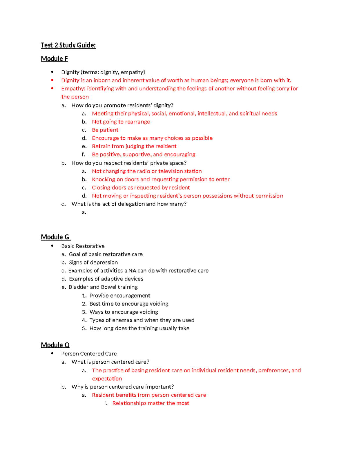 CNA I- Test 2 Study Guide(1) - Test 2 Study Guide: Module F Dignity ...