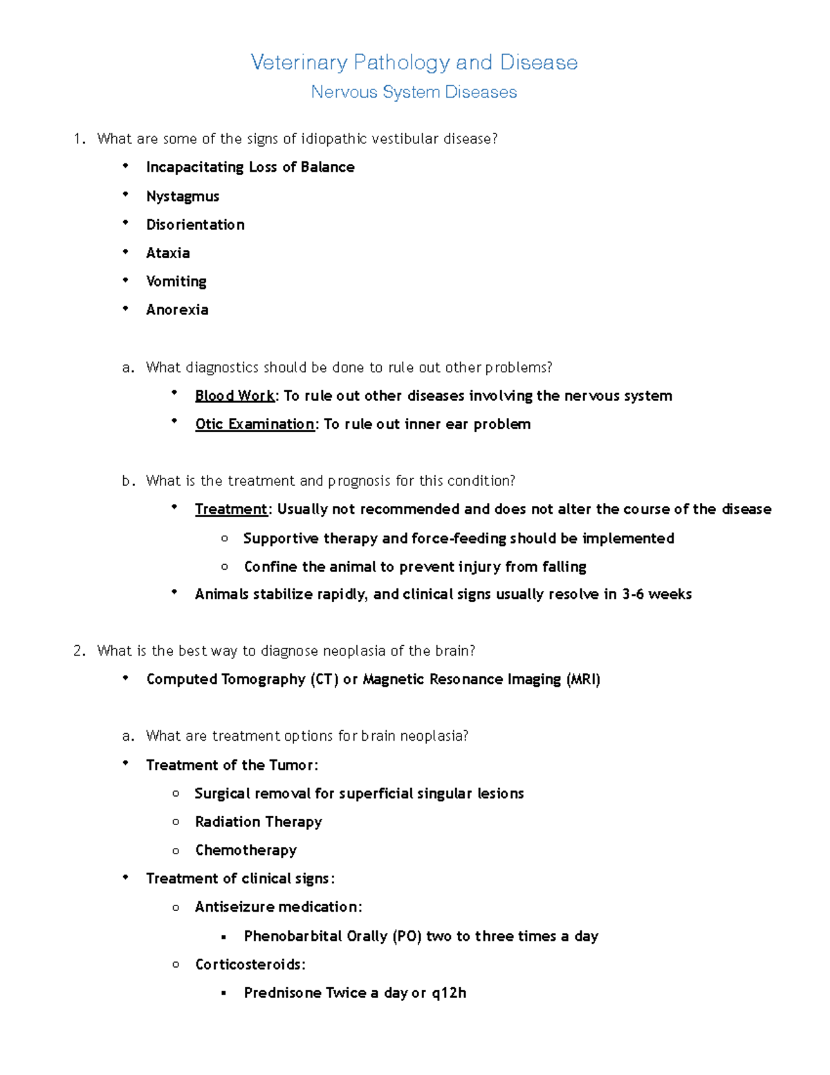 Nervous System Diseases Worksheet - Veterinary Pathology and Disease ...