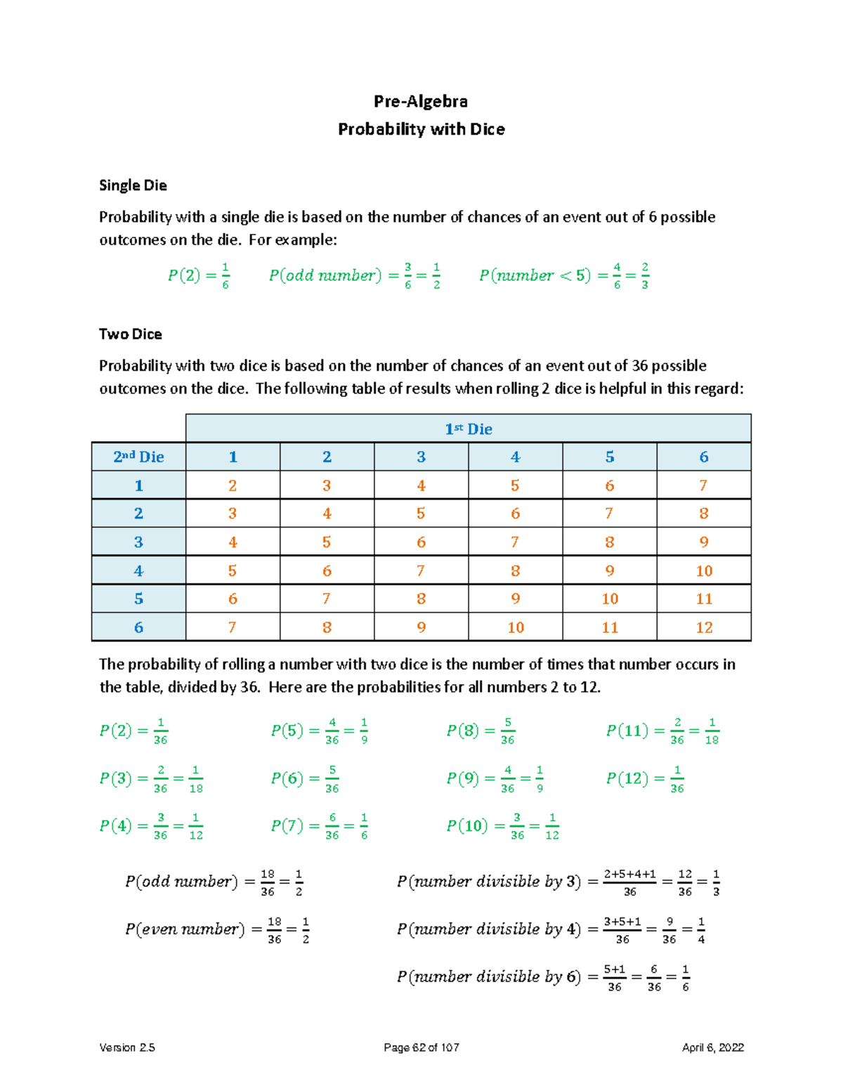 Formulas Processes and Tricks 16 - Probability with Dice Single Die ...