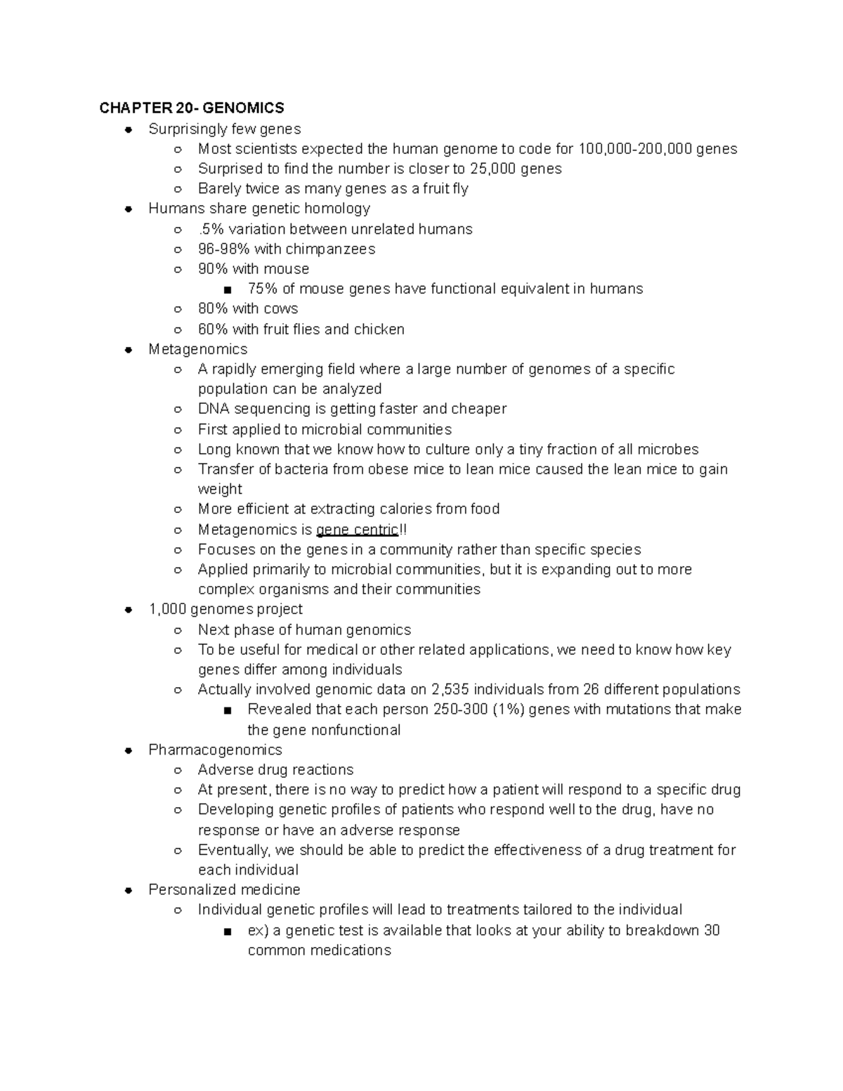 Genetics Chapter 20 Notes - CHAPTER 20- GENOMICS Surprisingly few genes ...