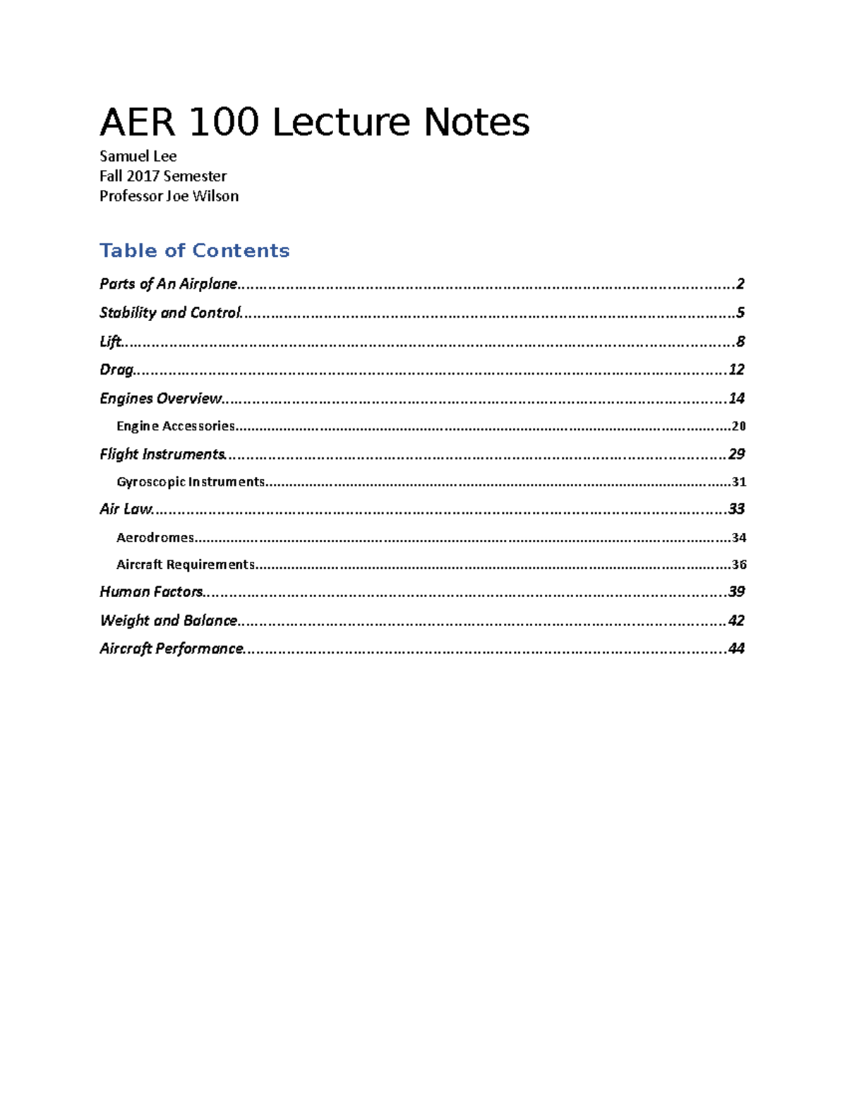 AER 100 Lecture Notes - AER 100 Lecture Notes Samuel Lee Fall 2017 ...