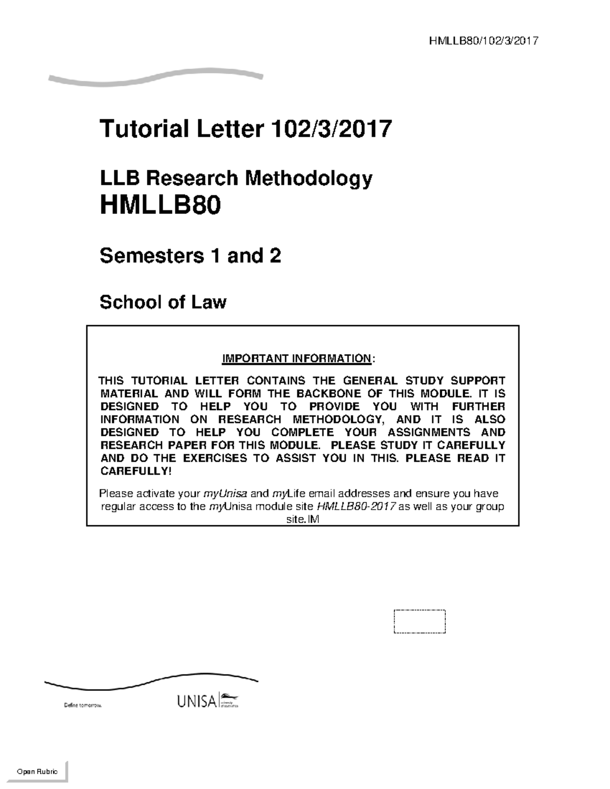 102 2017 3 b - Tutorial letter for the course outlining assignments and ...