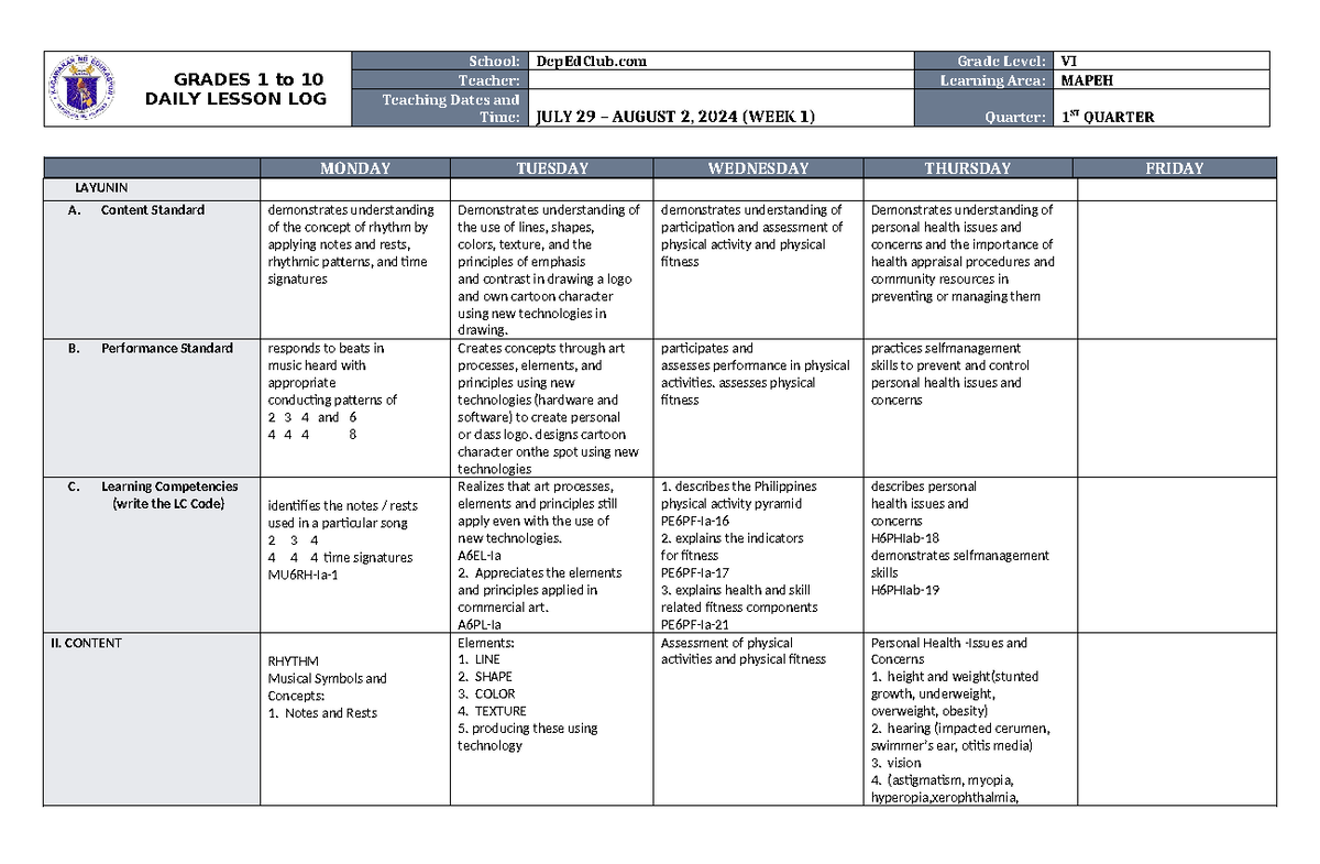 DLL Mapeh 6 Q1 W1 - LESSON PLAN - GRADES 1 to 10 DAILY LESSON LOG School: DepEdClub Grade Level ...