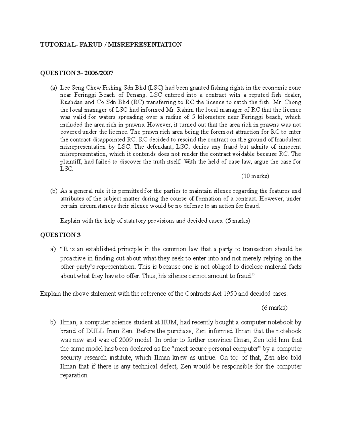 Tutorial - Fraud Misrepresentation in legal contract - TUTORIAL- FARUD ...